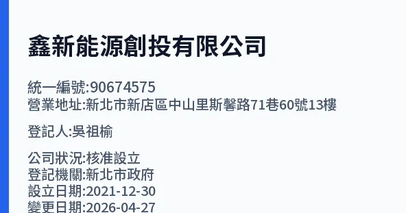 鑫新能源創投有限公司的照片-統編 90674575(新北市) 公司登記資料與營業項目詳細圖表