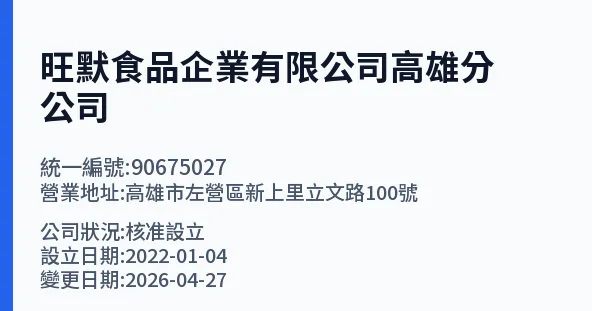 旺默食品企業有限公司高雄分公司的照片-統編 90675027(高雄市) 公司登記資料與營業項目詳細圖表