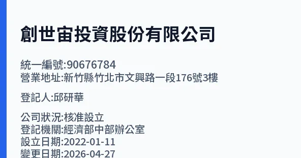 創世宙投資股份有限公司的照片-統編 90676784(新竹縣) 公司登記資料與營業項目詳細圖表