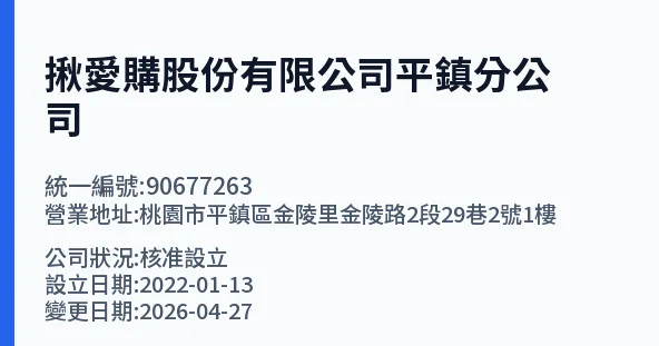 揪愛購股份有限公司平鎮分公司的照片-統編 90677263(桃園市) 公司登記資料與營業項目詳細圖表