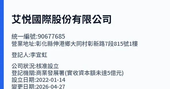 艾悦國際股份有限公司的照片-統編 90677685(彰化縣) 公司登記資料與營業項目詳細圖表