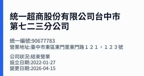 統一超商股份有限公司台中市第七二三分公司的照片-統編 90677783(臺中市) 公司登記資料與營業項目詳細圖表