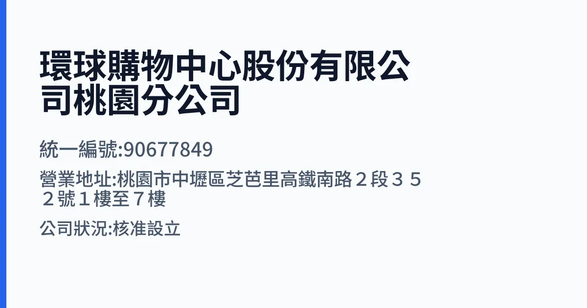 環球購物中心股份有限公司桃園分公司 - 統編 90677849(桃園市) 公司登記資料與營業項目詳細圖表