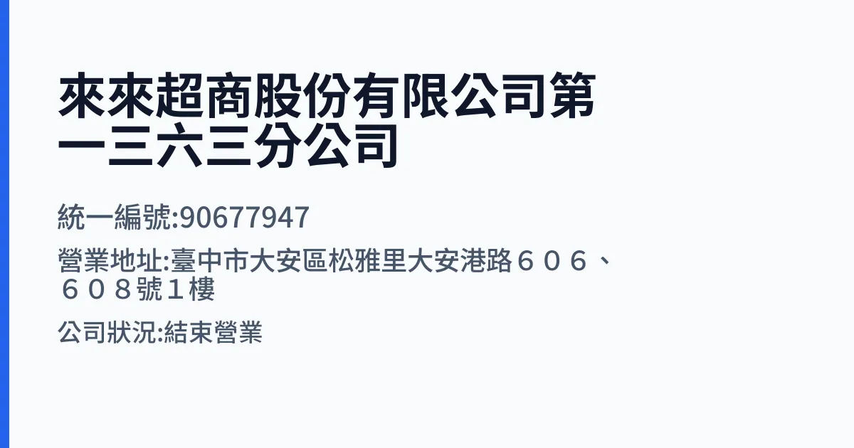 來來超商股份有限公司第一三六三分公司 - 統編 90677947(臺中市) 公司登記資料與營業項目詳細圖表