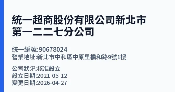 統一超商股份有限公司新北市第一二二七分公司的照片-統編 90678024(新北市) 公司登記資料與營業項目詳細圖表