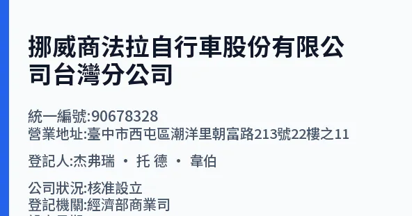 挪威商法拉自行車股份有限公司台灣分公司的照片-統編 90678328(臺中市) 公司登記資料與營業項目詳細圖表