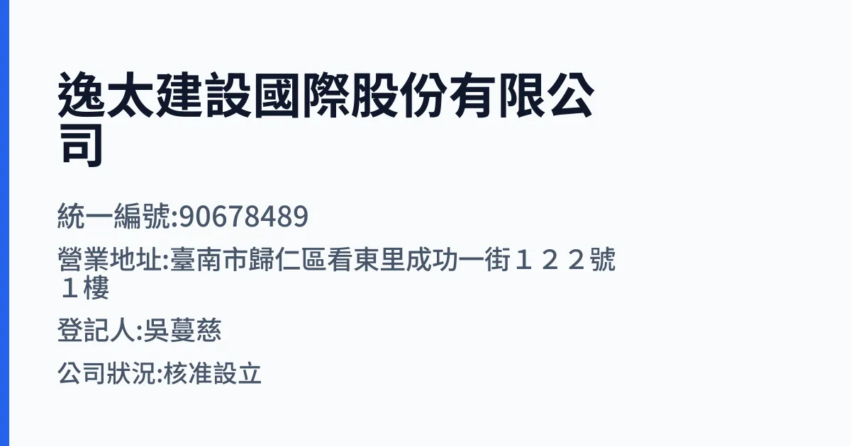 逸太建設國際股份有限公司 - 統編 90678489(臺南市) 公司登記資料與營業項目詳細圖表