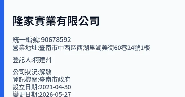 隆家實業有限公司的照片-統編 90678592(臺南市) 公司登記資料與營業項目詳細圖表