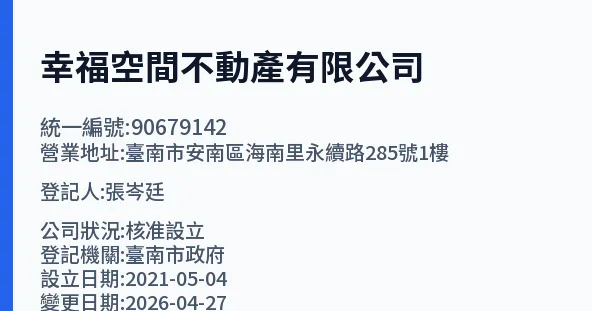 幸福空間不動產有限公司的照片-統編 90679142(臺南市) 公司登記資料與營業項目詳細圖表
