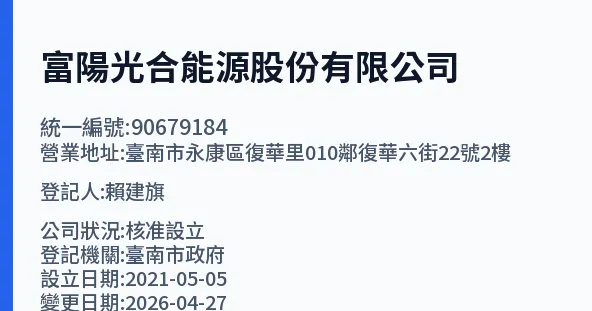 富陽光合能源股份有限公司的照片-統編 90679184(臺南市) 公司登記資料與營業項目詳細圖表