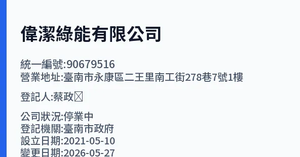 偉潔綠能有限公司的照片-統編 90679516(臺南市) 公司登記資料與營業項目詳細圖表