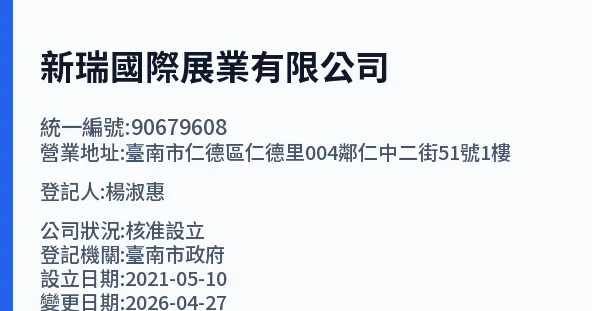 新瑞國際展業有限公司的照片-統編 90679608(臺南市) 公司登記資料與營業項目詳細圖表
