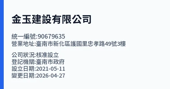 金玉建設有限公司的照片-統編 90679635(臺南市) 公司登記資料與營業項目詳細圖表