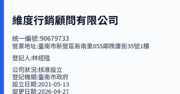 維度行銷顧問有限公司的照片-統編 90679733(臺南市) 公司登記資料與營業項目詳細圖表