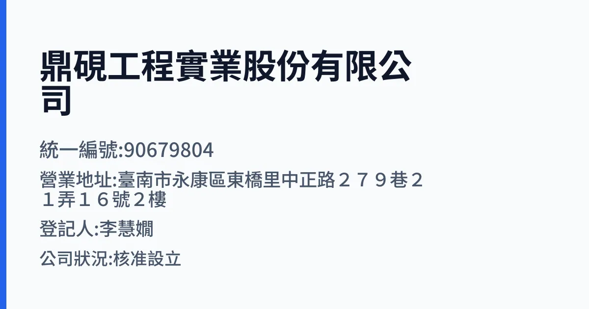 鼎硯工程實業股份有限公司 - 統編 90679804(臺南市) 公司登記資料與營業項目詳細圖表