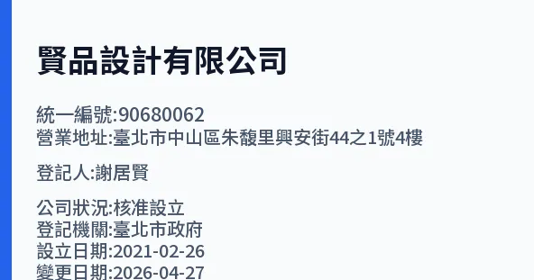 賢品設計有限公司的照片-統編 90680062(臺北市) 公司登記資料與營業項目詳細圖表