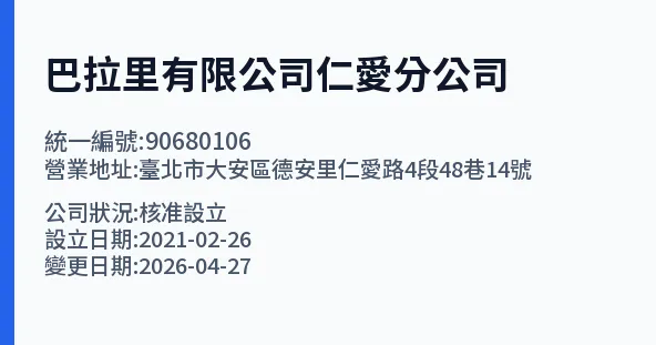 巴拉里有限公司仁愛分公司的照片-統編 90680106(臺北市) 公司登記資料與營業項目詳細圖表