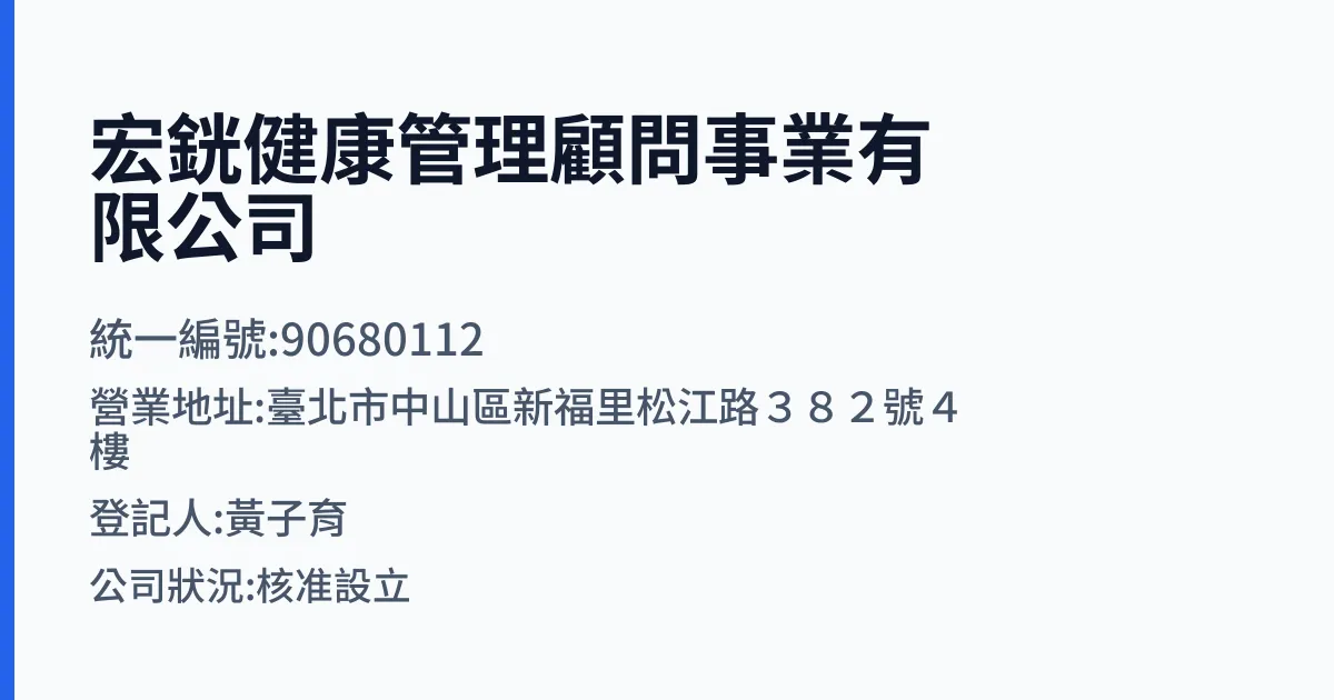宏銧健康管理顧問事業有限公司 - 統編 90680112(臺北市) 公司登記資料與營業項目詳細圖表