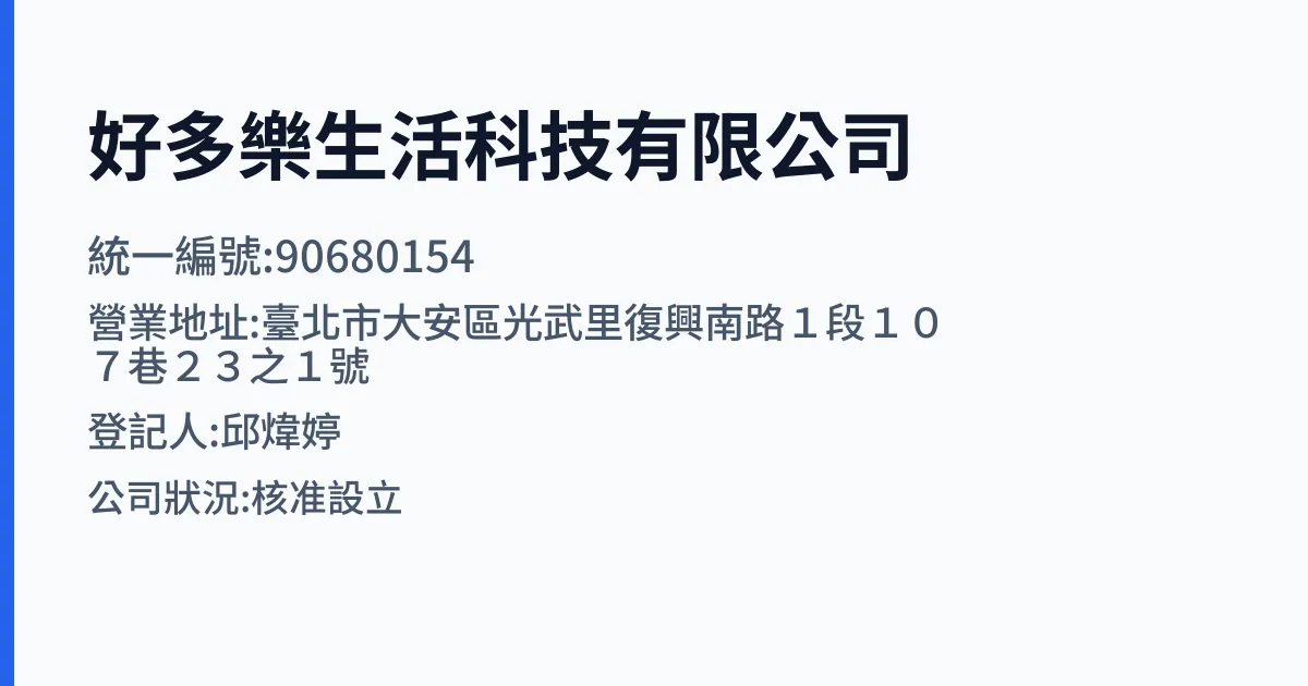 好多樂生活科技有限公司 - 統編 90680154(臺北市) 公司登記資料與營業項目詳細圖表