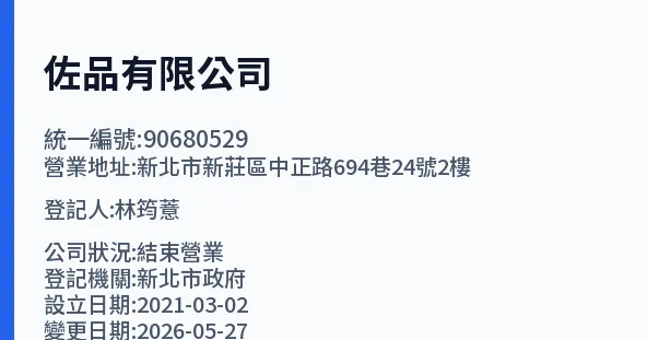 佐品有限公司的照片-統編 90680529(新北市) 公司登記資料與營業項目詳細圖表