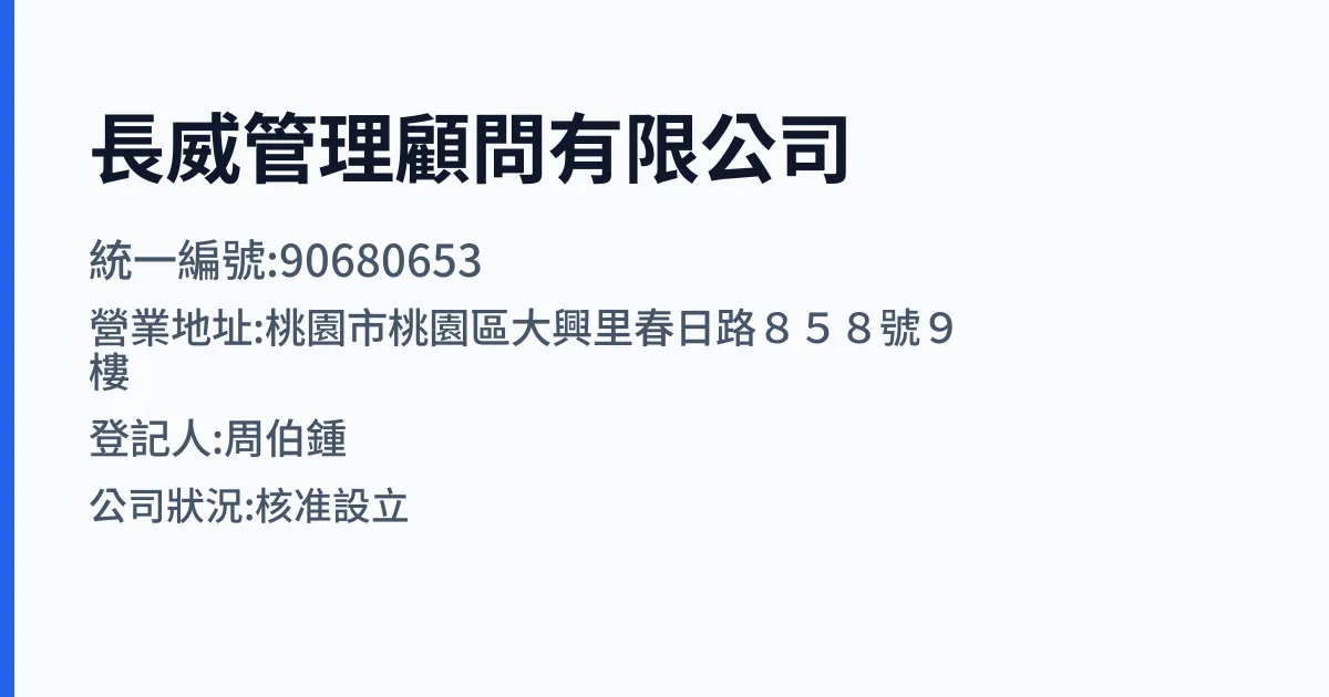 長威管理顧問有限公司 - 統編 90680653(桃園市) 公司登記資料與營業項目詳細圖表