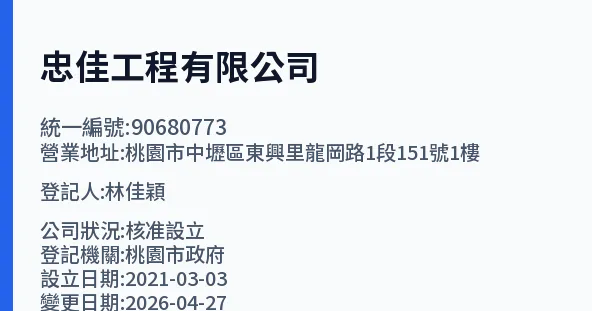 忠佳工程有限公司的照片-統編 90680773(桃園市) 公司登記資料與營業項目詳細圖表