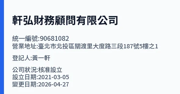 軒弘財務顧問有限公司的照片-統編 90681082(臺北市) 公司登記資料與營業項目詳細圖表