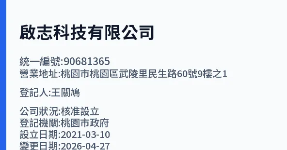 啟志科技有限公司的照片-統編 90681365(桃園市) 公司登記資料與營業項目詳細圖表