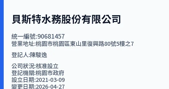 貝斯特水務股份有限公司的照片-統編 90681457(桃園市) 公司登記資料與營業項目詳細圖表
