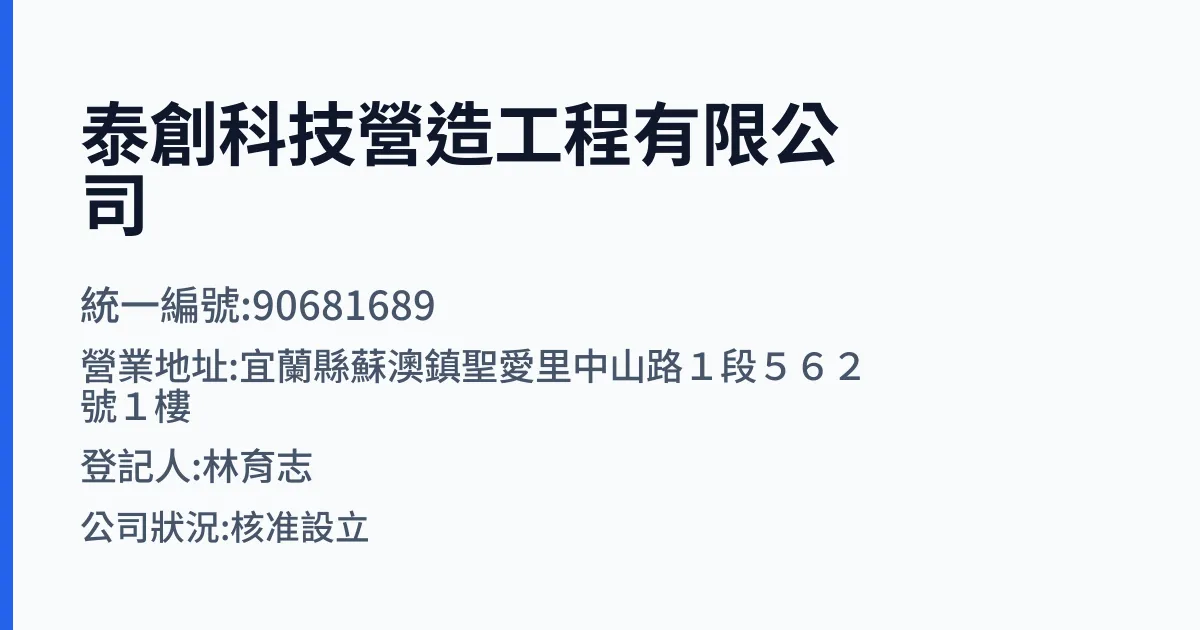 泰創科技營造工程有限公司 - 統編 90681689(桃園市) 公司登記資料與營業項目詳細圖表