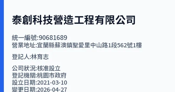 泰創科技營造工程有限公司的照片-統編 90681689(宜蘭縣) 公司登記資料與營業項目詳細圖表