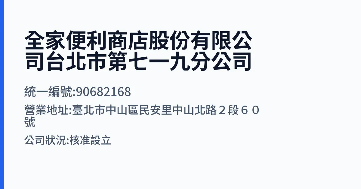 全家便利商店股份有限公司台北市第七一九分公司 - 統編 90682168(臺北市) 公司登記資料與營業項目詳細圖表