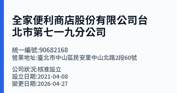 全家便利商店股份有限公司台北市第七一九分公司的照片-統編 90682168(臺北市) 公司登記資料與營業項目詳細圖表