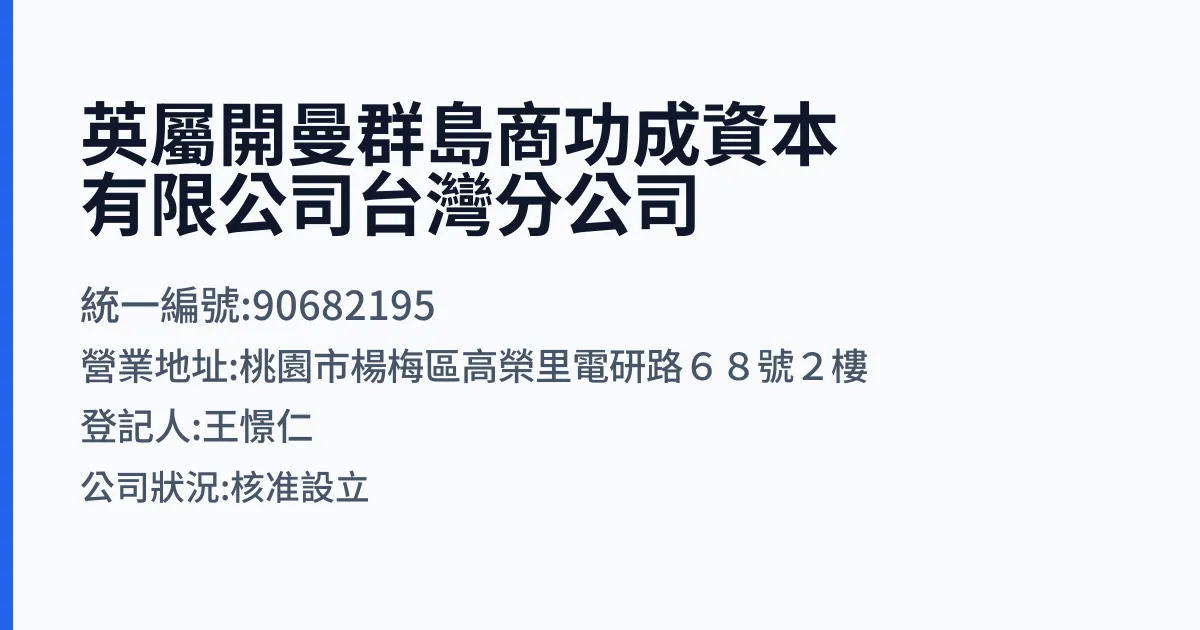 英屬開曼群島商功成資本有限公司台灣分公司 - 統編 90682195(桃園市) 公司登記資料與營業項目詳細圖表