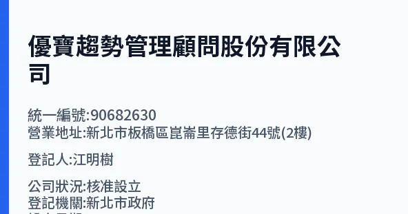 優寶趨勢管理顧問股份有限公司的照片-統編 90682630(新北市) 公司登記資料與營業項目詳細圖表