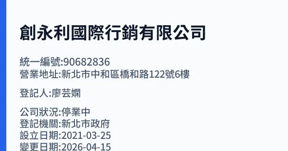 創永利國際行銷有限公司的照片-統編 90682836(新北市) 公司登記資料與營業項目詳細圖表