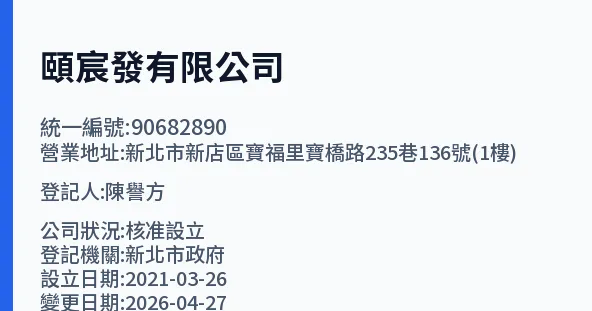 頤宸發有限公司的照片-統編 90682890(新北市) 公司登記資料與營業項目詳細圖表