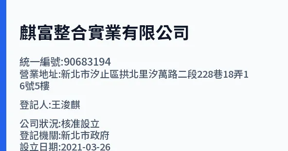 麒富整合實業有限公司的照片-統編 90683194(新北市) 公司登記資料與營業項目詳細圖表
