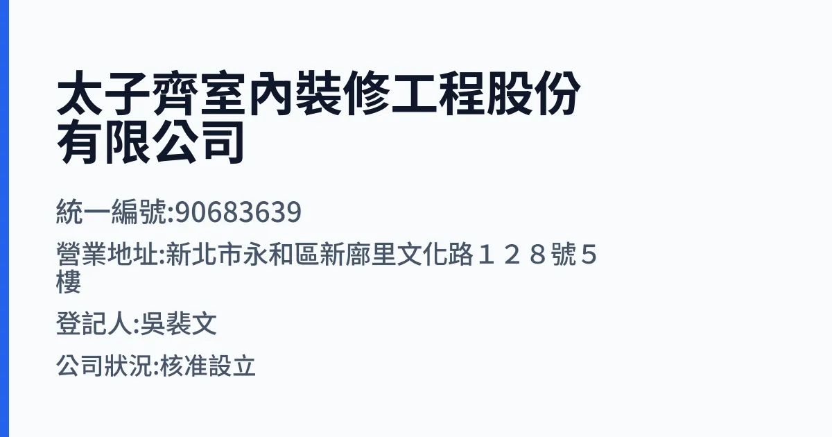 太子齊室內裝修工程股份有限公司 - 統編 90683639 (新北市) 公司登記資料與營業項目詳細圖表