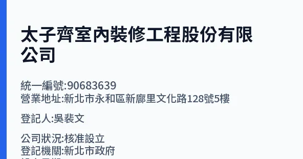 太子齊室內裝修工程股份有限公司的照片-統編 90683639(新北市) 公司登記資料與營業項目詳細圖表