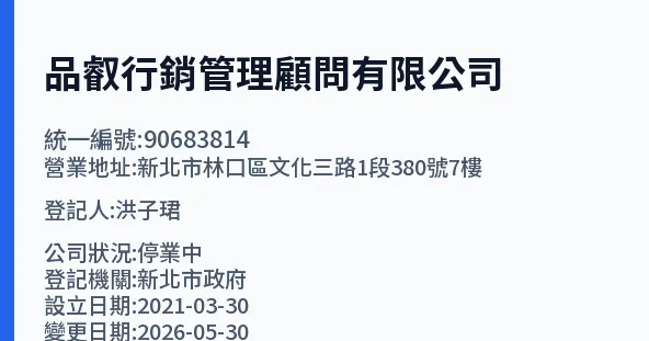品叡行銷管理顧問有限公司的照片-統編 90683814(新北市) 公司登記資料與營業項目詳細圖表