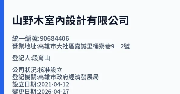 山野木室內設計有限公司的照片-統編 90684406(高雄市) 公司登記資料與營業項目詳細圖表