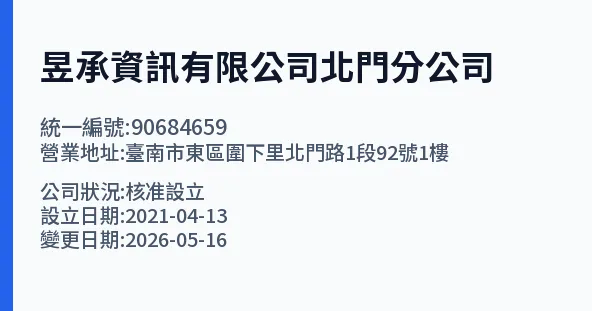 昱承資訊有限公司北門分公司的照片-統編 90684659(臺南市) 公司登記資料與營業項目詳細圖表