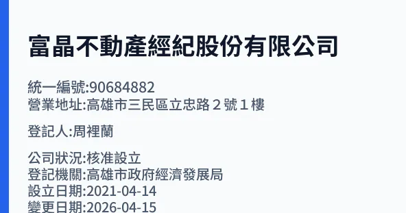 富晶不動產經紀股份有限公司的照片-統編 90684882(高雄市) 公司登記資料與營業項目詳細圖表