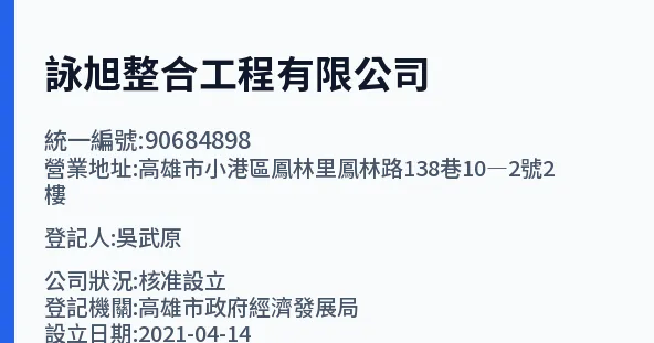 詠旭整合工程有限公司的照片-統編 90684898(高雄市) 公司登記資料與營業項目詳細圖表