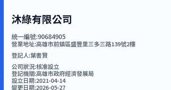 沐綠有限公司的照片-統編 90684905(高雄市) 公司登記資料與營業項目詳細圖表