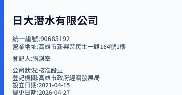 日大潛水有限公司的照片-統編 90685192(高雄市) 公司登記資料與營業項目詳細圖表