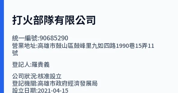 打火部隊有限公司的照片-統編 90685290(高雄市) 公司登記資料與營業項目詳細圖表