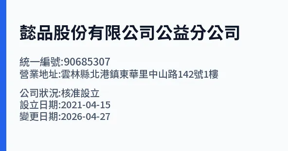 懿品股份有限公司公益分公司的照片-統編 90685307(雲林縣) 公司登記資料與營業項目詳細圖表
