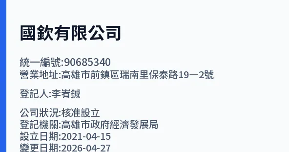 國欽有限公司的照片-統編 90685340(高雄市) 公司登記資料與營業項目詳細圖表